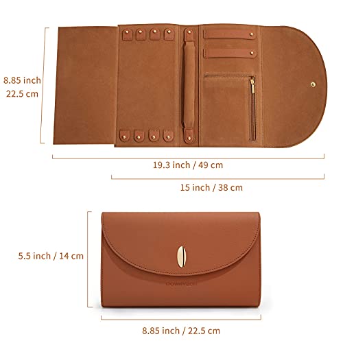 ROWNYEON Travel Jewelry Organizer Case Leather Jewelry Roll Journey Storage Bag for Earrings, Rings, Necklaces, Bracelets (Brown)