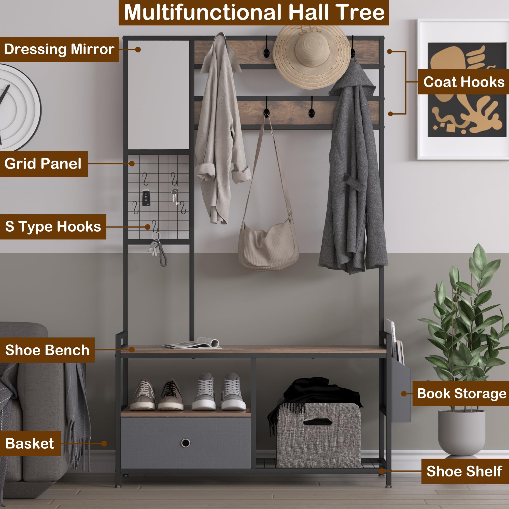 NAIYUFA Entryway Hall Tree with Drawer,Coat Rack with Mirror,Vintage Industrial Hall Tree with Shoe Bench,5-in-1 Storage Rack with 8 Hooks and Grid Panel