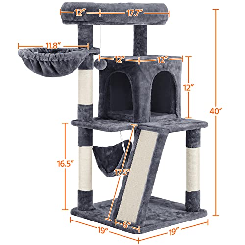 Yaheetech Cat Tree Cat Tower, 40-Inch Cat Condo with Oversized Soft Platform, Scratching Board, Basket and Hammock, Cat Furniture for Kittens Cats Pets, Dark Gray