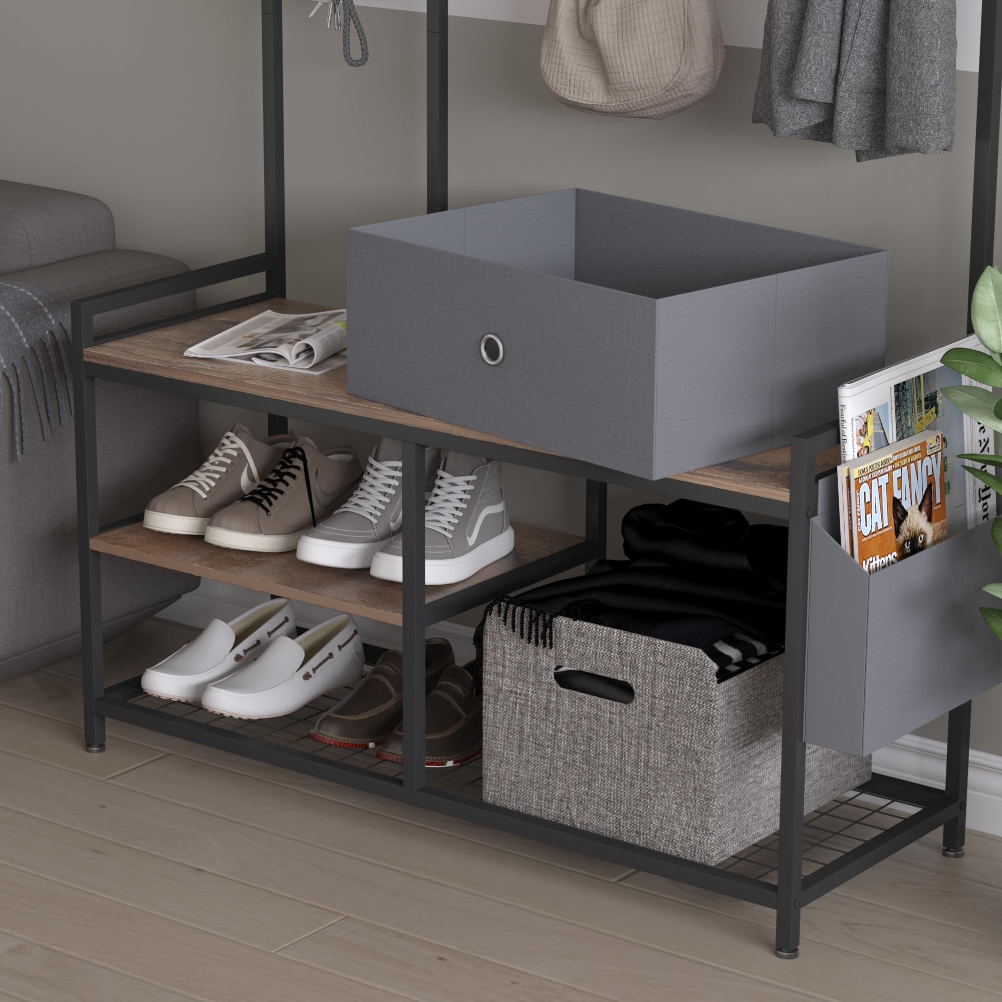 NAIYUFA Entryway Hall Tree with Drawer,Coat Rack with Mirror,Vintage Industrial Hall Tree with Shoe Bench,5-in-1 Storage Rack with 8 Hooks and Grid Panel