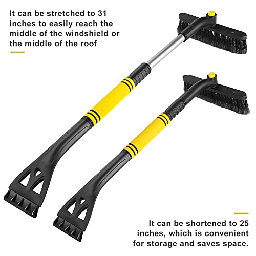 Yemei 35" Extendable Car Snow Brush with Squeegee,Brush Supports 360 Degree Rotation,Retractable Snow Shovel with Foam Grip ,for Small Car Truck SUV + Ice Scraper Yellow