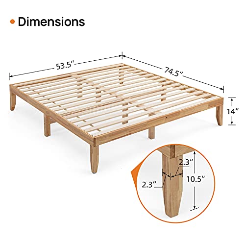 Bestmart INC Full Wooden Bed Frame No Box Spring Needed Marco de Madera 14'' Platform Bed Frame with Solid Wooden Slat and 10 Solid Feet,Quiet Noise Free