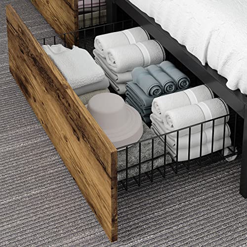 IMUsee Queen Size Bed Frame with 4 Large Storage Drawers, Heavy Duty Metal Platform Queen Bed Frame with 13 Strong Metal Slats Support, Wooden Board Decor, No Box Spring Needed, Noise Free