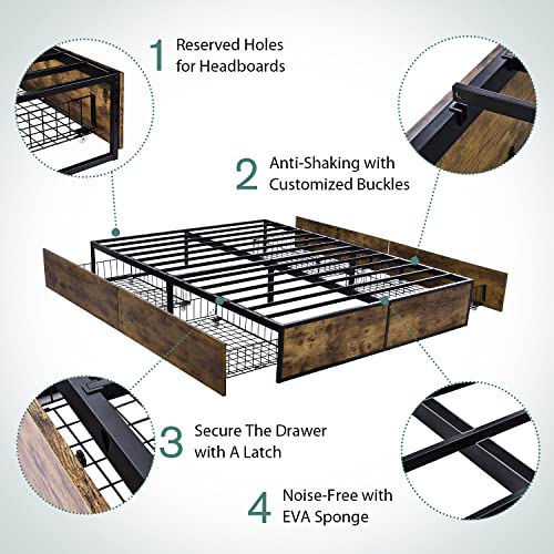 IMUsee Queen Size Bed Frame with 4 Large Storage Drawers, Heavy Duty Metal Platform Queen Bed Frame with 13 Strong Metal Slats Support, Wooden Board Decor, No Box Spring Needed, Noise Free