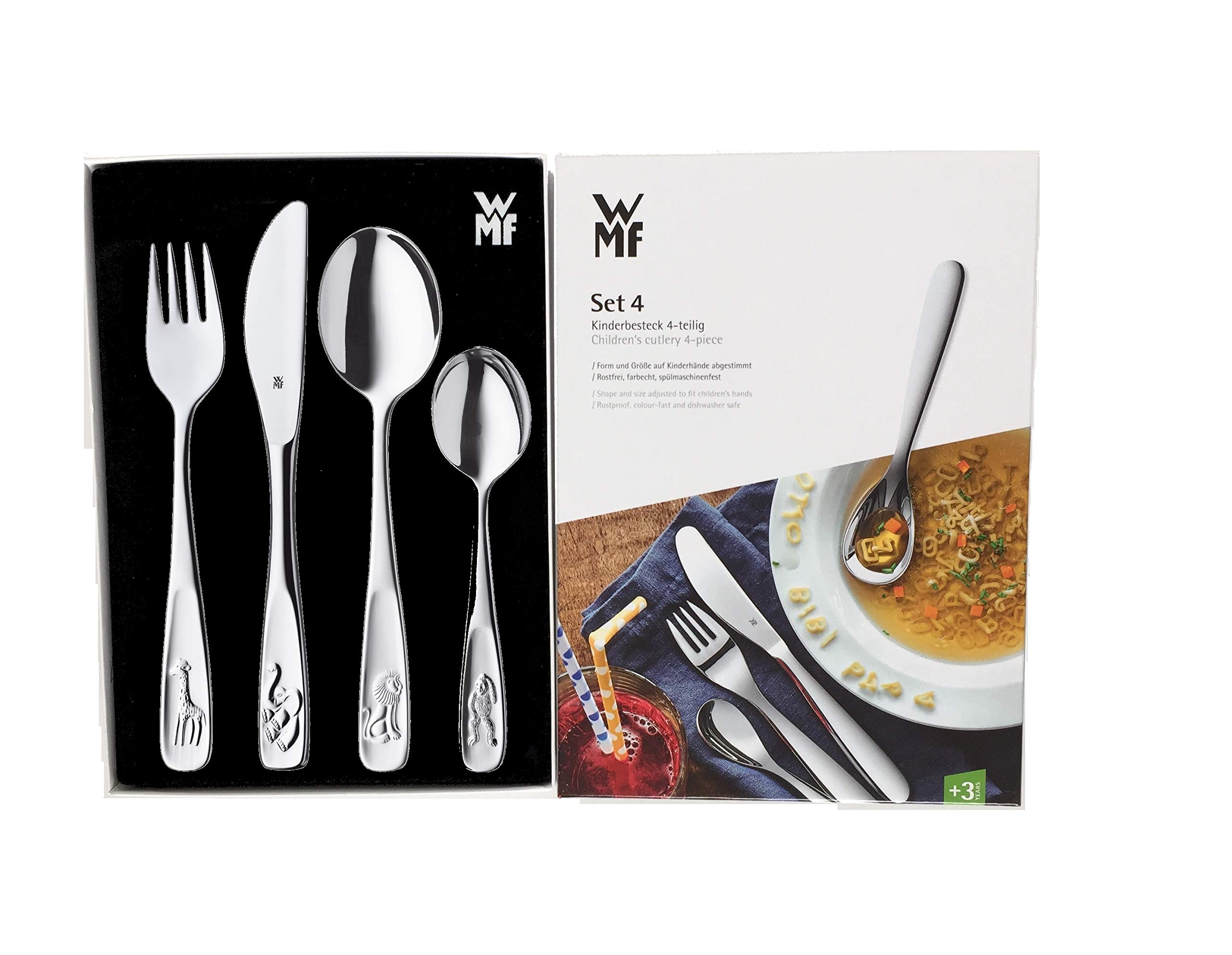 Pignr Animals Children's Cutlery, 4-Piece, from 3 Years, Cromargan Polished Stainless Steel, Dishwasher-Safe in a Gift Box with General Illustration, 4pcs, Silver