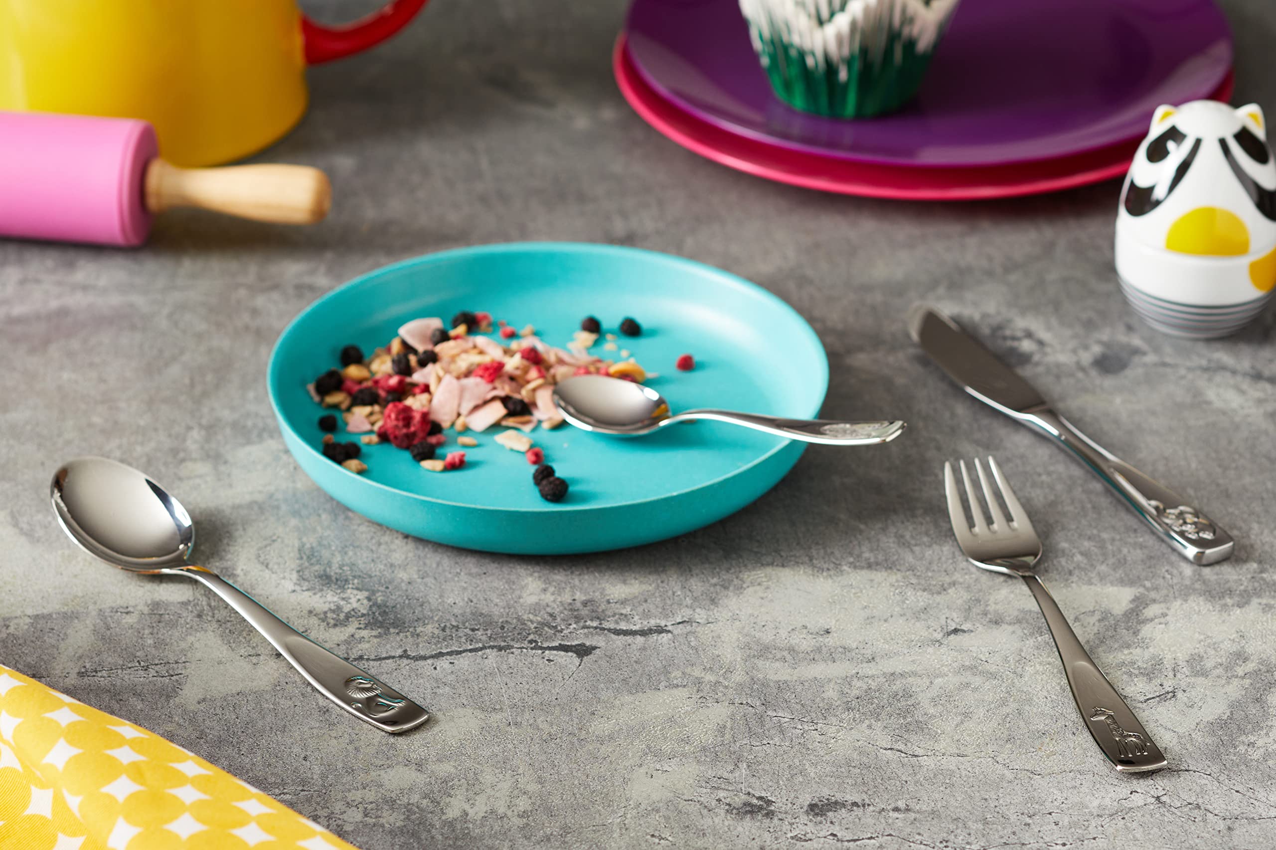 Pignr Animals Children's Cutlery, 4-Piece, from 3 Years, Cromargan Polished Stainless Steel, Dishwasher-Safe in a Gift Box with General Illustration, 4pcs, Silver