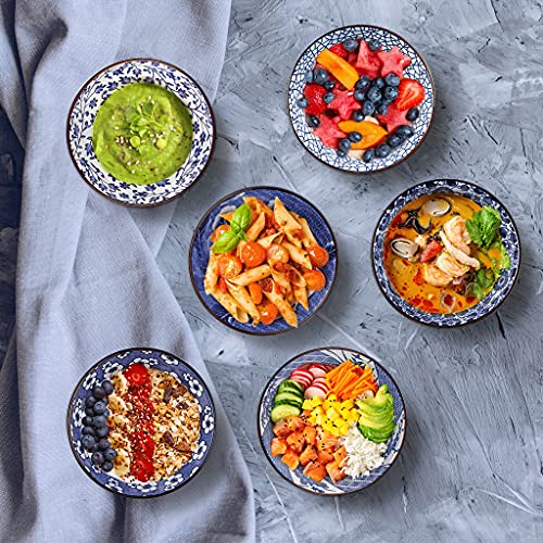 Sanbege Ceramic Rice Bowls 10 oz, Japanese Style Bowl Gift Set, Assorted Dinnerware Serving Bowls for Cereal, Soup, Dessert, Snack, Fruit, Salsa, Pack of 6 (Blue and White)