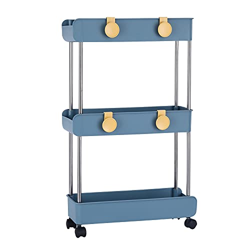 Slim Storage Cart, 3 Tier Mobile Shelving Unit Organizer, Slide Out Rolling Utility Cart Shelf Rack for Kitchen Bathroom Laundry Room Narrow Places, Plastic & Stainless Steel, Navy Blue