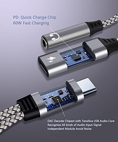 Samsung Galaxy S22 Headphone Adapter, 2 in 1 USB C to 3.5mm Headphone Jack Hi-Fi DAC with USB C 60W Fast Charging Dongle Adapter Compatible with Galaxy S22/22 Ultra/S21/S21FE/Note 20, Pixel 5/4/3/3XL