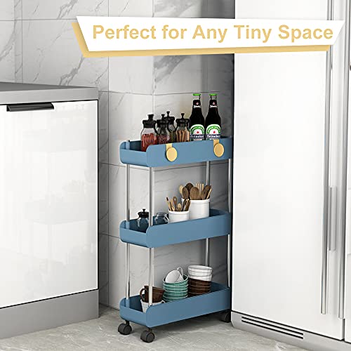 Slim Storage Cart, 3 Tier Mobile Shelving Unit Organizer, Slide Out Rolling Utility Cart Shelf Rack for Kitchen Bathroom Laundry Room Narrow Places, Plastic & Stainless Steel, Navy Blue
