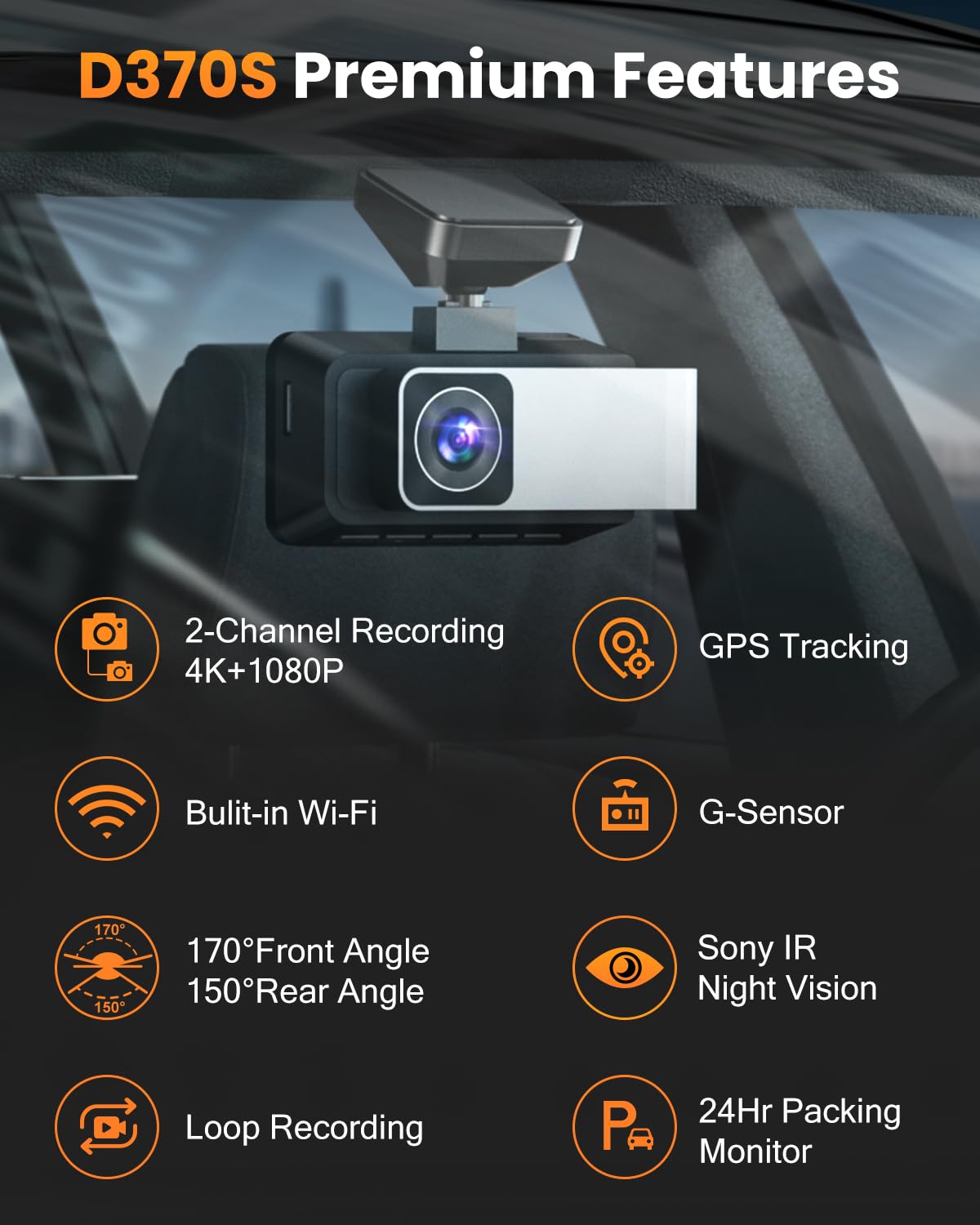 SUVCON 4K Dash Cam Front and Rear, Dual Dash Camera for Cars 4K+1080P Dashboard Car Camera Built-in Wi-Fi GPS, 24H Parking Monitor, Night Vision, Loop Recording, WDR, 170° Wide Angle, Free 32GB Card