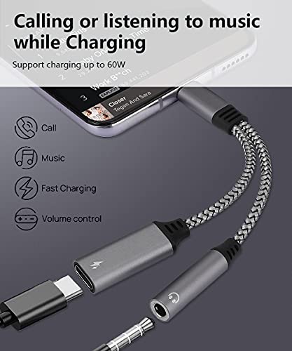 Samsung Galaxy S22 Headphone Adapter, 2 in 1 USB C to 3.5mm Headphone Jack Hi-Fi DAC with USB C 60W Fast Charging Dongle Adapter Compatible with Galaxy S22/22 Ultra/S21/S21FE/Note 20, Pixel 5/4/3/3XL