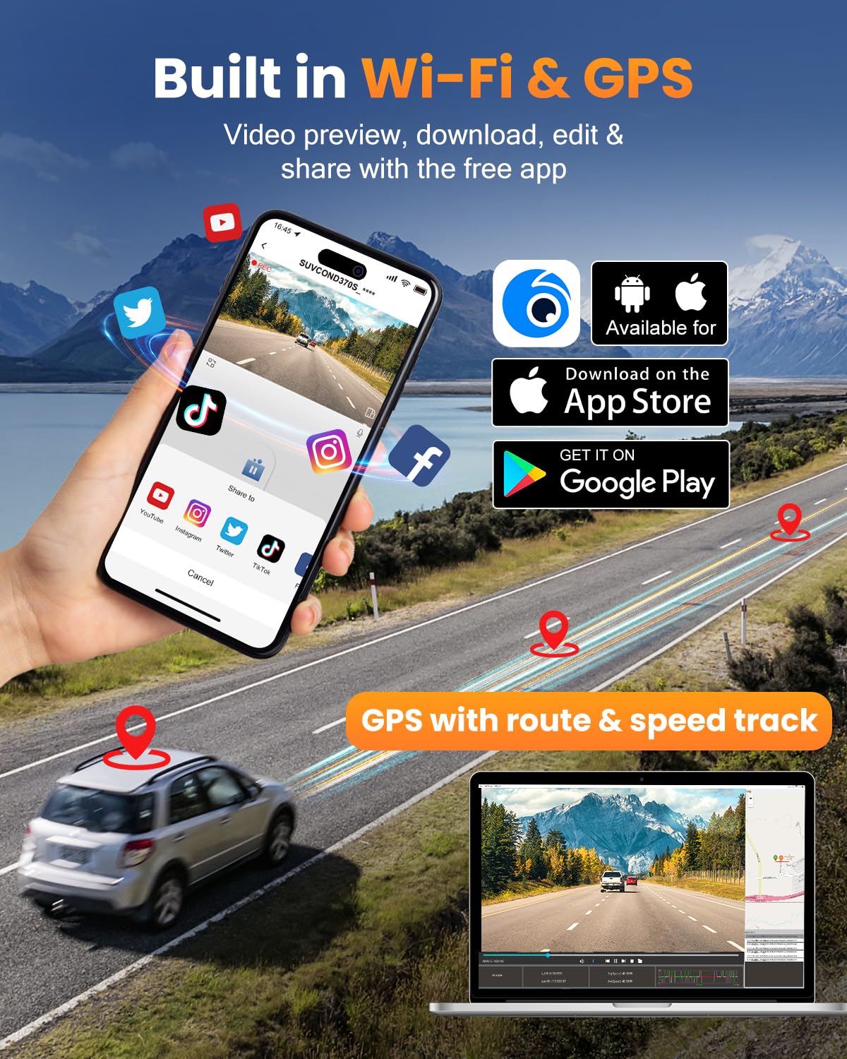 SUVCON 4K Dash Cam Front and Rear, Dual Dash Camera for Cars 4K+1080P Dashboard Car Camera Built-in Wi-Fi GPS, 24H Parking Monitor, Night Vision, Loop Recording, WDR, 170° Wide Angle, Free 32GB Card