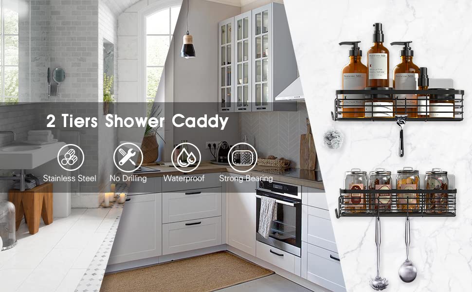 Anguang Shower Caddy Basket Shelf with Soap Holder, No Drilling Wall Mount Adhesive Bathroom Basket Shelves with Hooks, Rustproof 304 Stainless Steel Bathroom Kitchen Shower Storage Organizer -3Pack