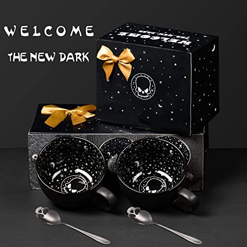 CALATOUR Set Of 2 Midnight Skull Coffee Large Mugs With Skull Spoons In Gift Box,Cute Halloween Spooky Witch Gifts Goth Decor Cool Novelty Tea Cups,21oz/620ml Porcelain(Midnight Black)