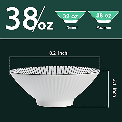 QINLANG 38 oz Japanese Ramen Bowls, Cereal Bowls, Soup Bowls, Pho Bowls, Noodle Bowls, Blue and White Ceramic Bowls Set of 4, 8 inches