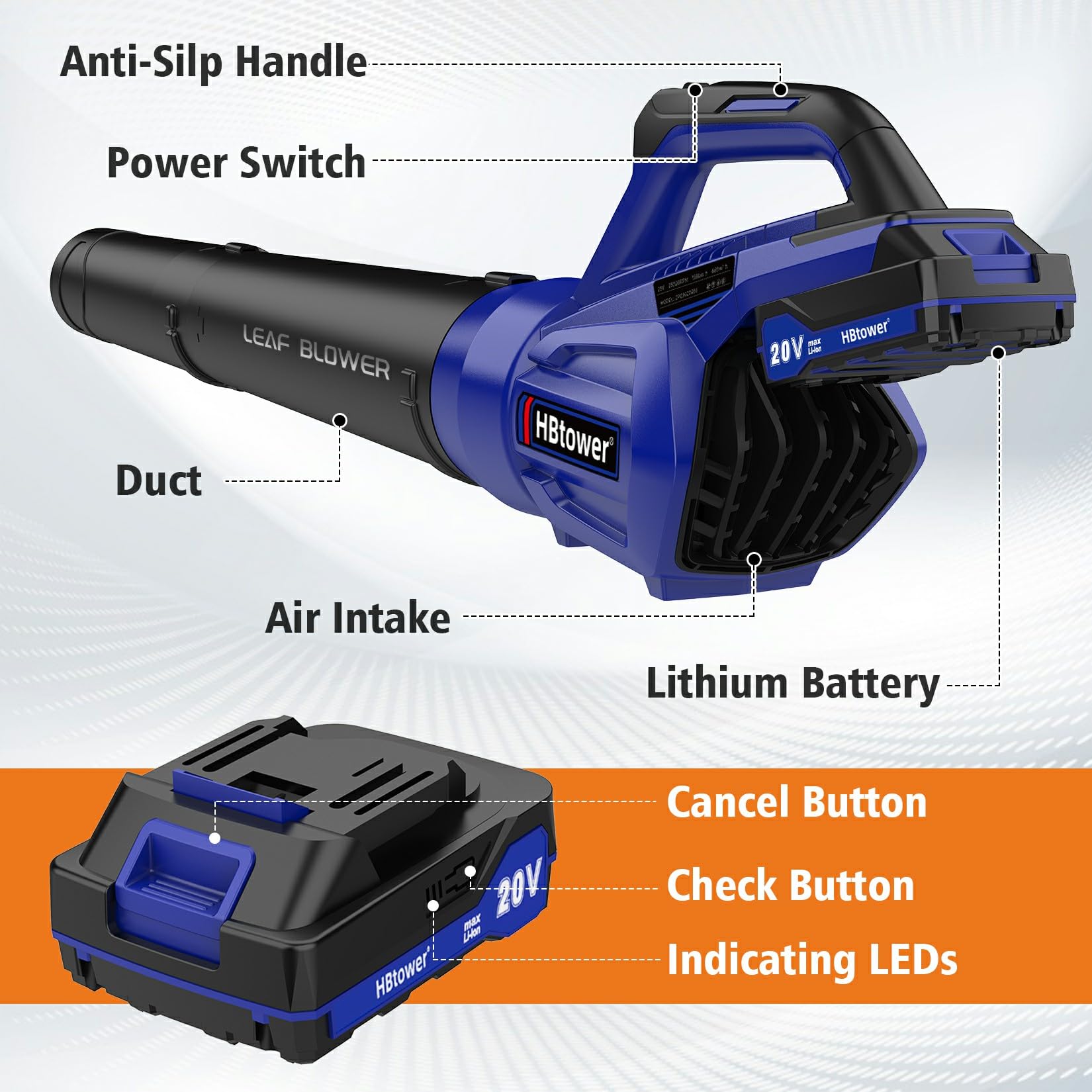 HBTower Leaf Blower Cordless, 400CFM 90MPH Handheld Electric Cordless Leaf Blower with 2x2.0AhBatteries and Charger, for Lawn Care, Yard, Grass, Patio, Blowing Leaves and Snow, ZP-0202
