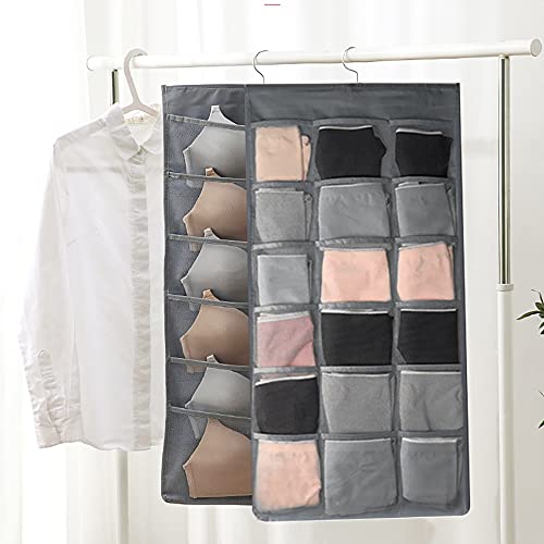 inheming 2 Pack Hanging Underwear Organizer for Closet, 12 + 18 Mesh Pockets Dual-Sided Storage Bags, Bras Panties Socks Organizer Hanger for Dormitory, Rental House, RV Wardrobe