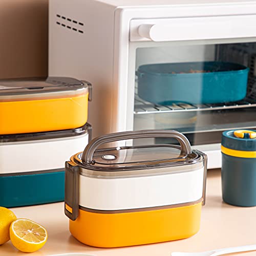 DILUOOU Bento Lunch Box For Adults, Stackable Bento Lunch Box With Divider,2 in 1 Compartment Salad Lunch container with Insulated Lunch Bag & Utensils,Microwave Safe(Yellow White)