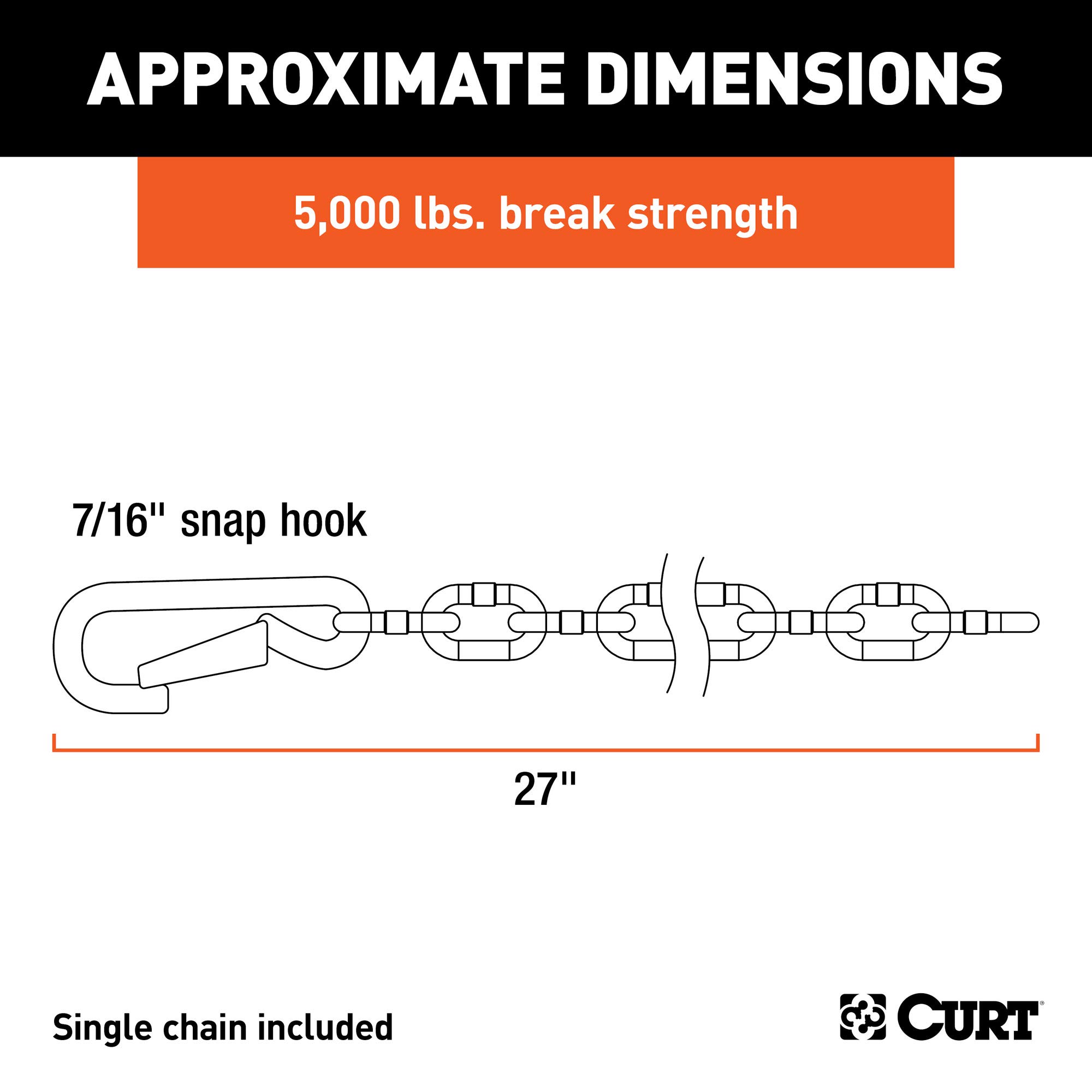 CURT 80313 27-Inch Trailer Safety Chain with 7/16-In Snap Hook, 5,000 lbs Break Strength