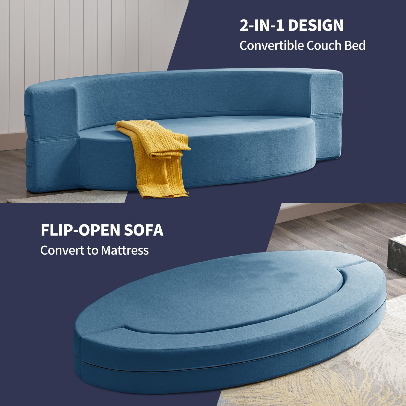 ZAFLY Folding Sofa Bed,Fold Out Futon Sofa Bed Couch,Sleeper Sofa Guest Chaise Lounge Floor Mattress,Modern Fold Down Sofa Couch with Linen Upholstery for Living Room Office Apartment (Blue)