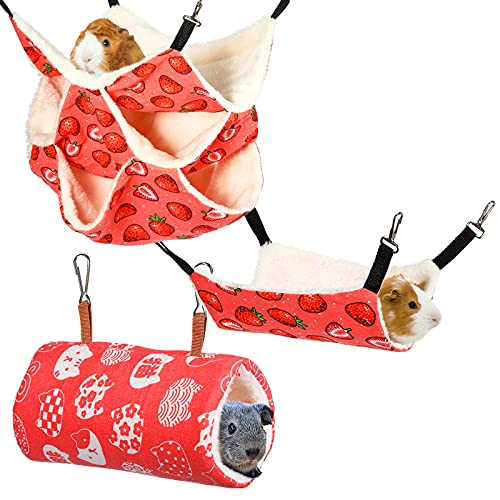 3 Pieces Small Pet Hammock Tunnel Ferret Hammock Hamster Nest Bed Glider Guinea Pig Ferret Hammock Set for Small Pets (Strawberry)