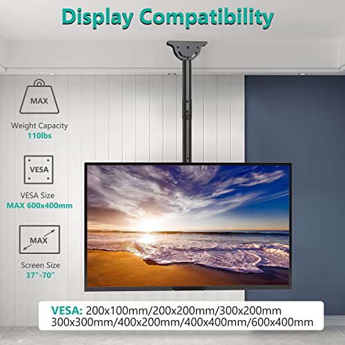 WALI Ceiling TV Mount, Full Motion Adjustable TV Mount Bracket Fits Most Ultrawide LED, LCD, OLED 4K TVs 37 to 70 inch, up to 110lbs, VESA 600x400mm (CM3770), Black