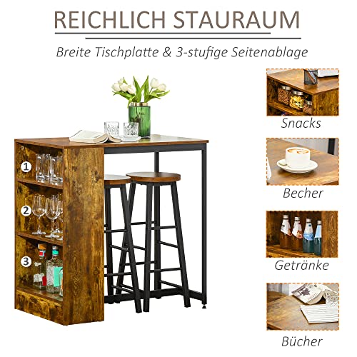 HOMCOM 3 Piece Industrial Dining Table Set, Counter Height Bar Table & Stools Set with Storage Shelf, Rustic Brown