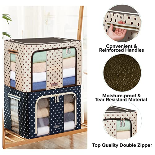 Oxford Fabric Storage Box with Steel Frame,Foldable Stackable Container Organizer with Large Window & Carry Handles Bedroom Closet Organization for Clothes Bedding Sheets Blanket Pillow Brown-66L