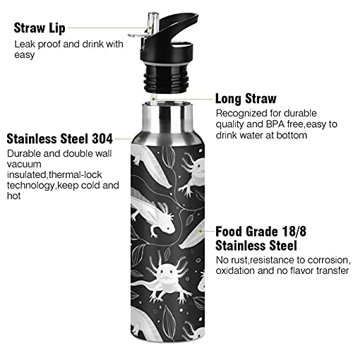 Seamless White Swimming Axolotls, Algae Leaves on Dark Stainless Steel Water Bottle, Leak-Proof Vacuum Hot Cold Insulated Travel Mug, Double Walled with Handle Thermo Cup Bottle 20 Oz
