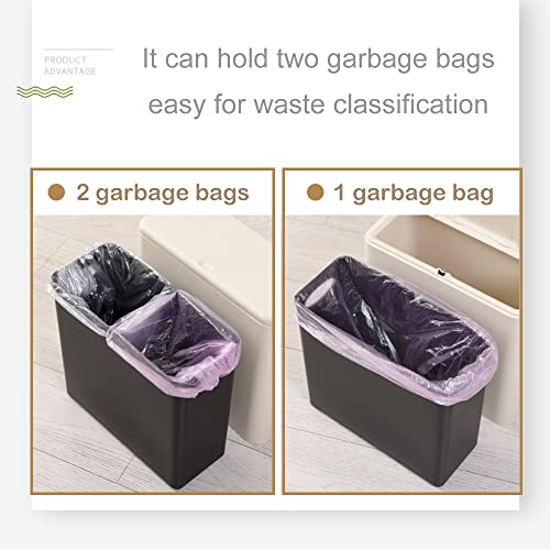 CWLL Modern Wastebasket Thin Trash Can,Small Rectangular Dog Proof Plastic Trash Bin,3.2 Gallon/12 Liter Slim Plastic Trash Can Wastebasket with Press Type Lid, Beige