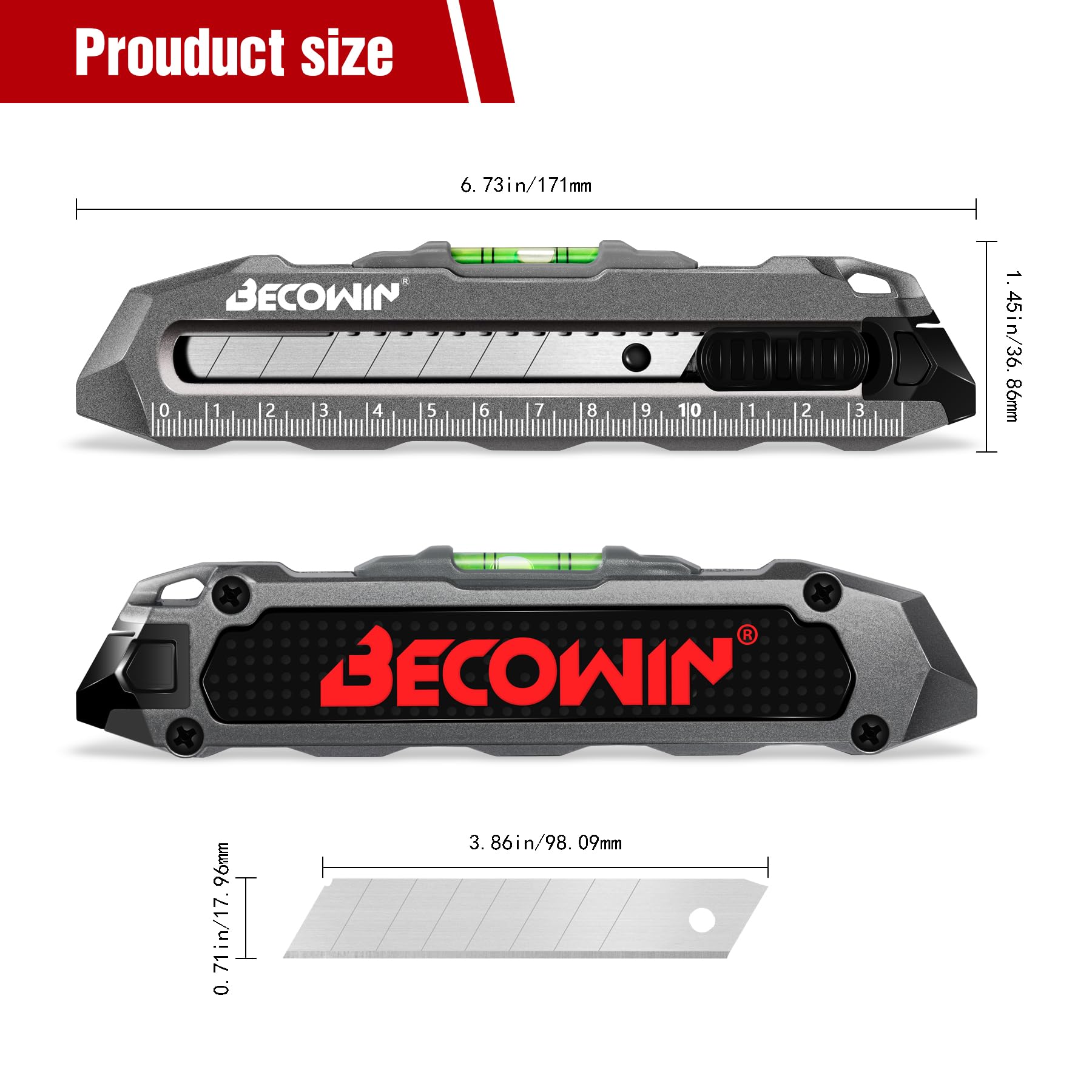 BECOWIN Multipurpose Utility Knife with Level and Ruler, Heavy Duty Metal Retractable Box Cutter Knife, 18MM SK5 Blade, Safety Lock Design for Measuring, Cutting Cartons, Cardboards and Boxes