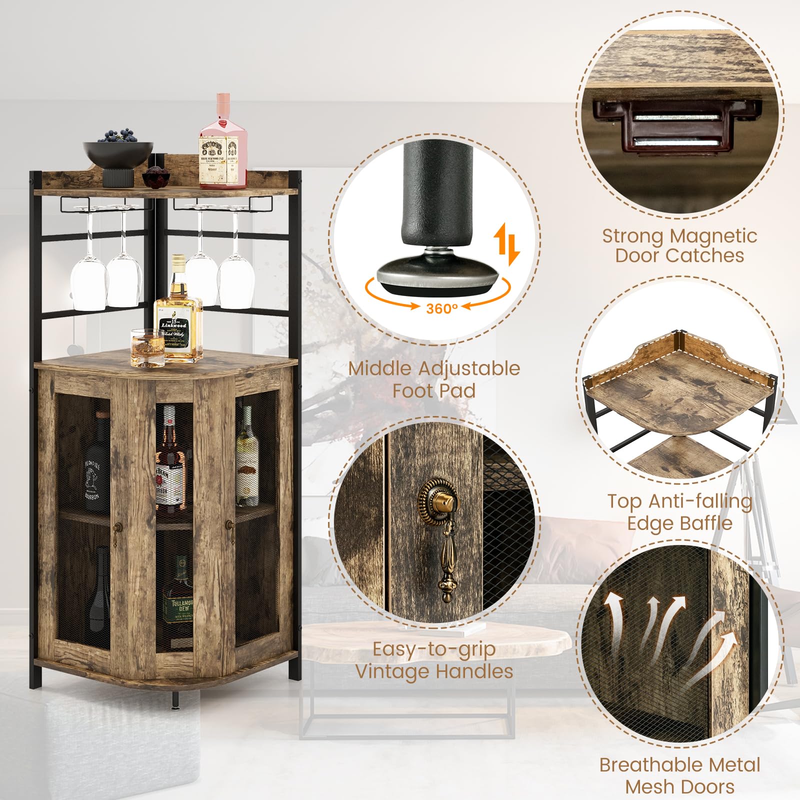 LOKO Corner Wine Bar Cabinet, Industrial Wine Cabinet with Metal Mesh Doors & Adjustable Shelf, Liquor Cabinet with Anti-toppling Device, Rustic Brown, 19 x 19 x 51 Inches (Taupe)