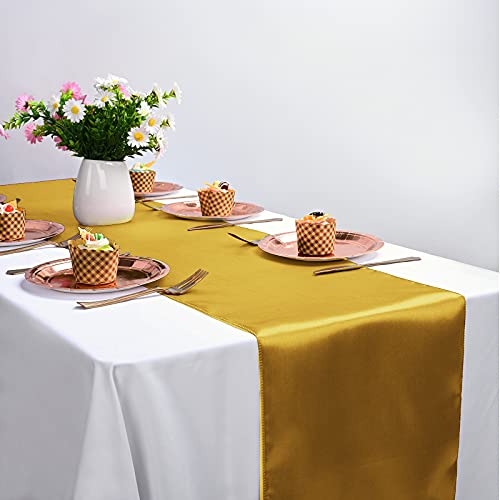 10-Pack Gold 12 x 108 inches Long Premium Satin Table Runner for Wedding, Decorations for Birthday Parties, Banquets, Graduations, Engagements, Table Runners fit Rectange and Round Table