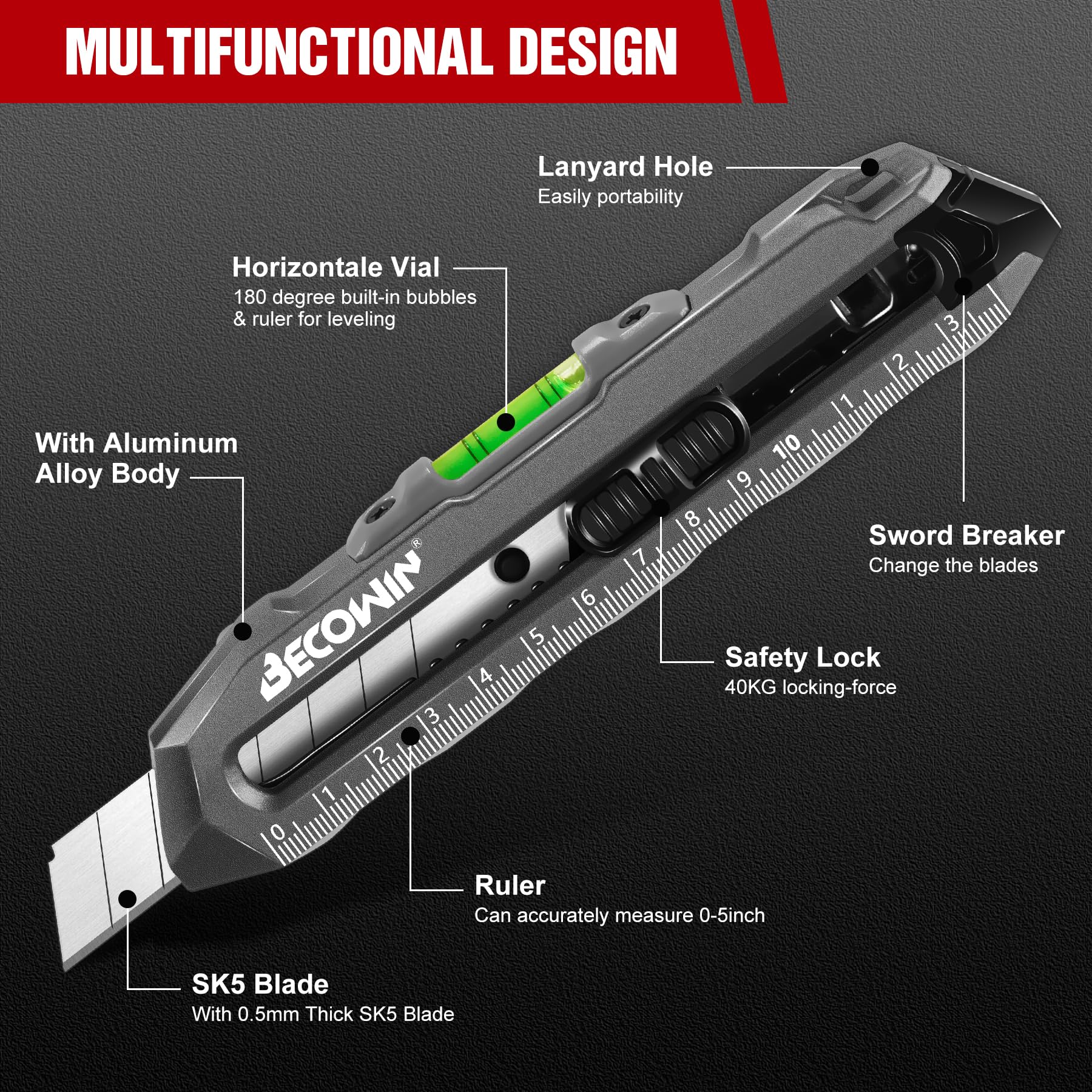 BECOWIN Multipurpose Utility Knife with Level and Ruler, Heavy Duty Metal Retractable Box Cutter Knife, 18MM SK5 Blade, Safety Lock Design for Measuring, Cutting Cartons, Cardboards and Boxes