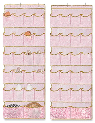 DAMAHOME Over Door Shoe Organizer - 2 Pack Hanging Shoe Rack 22 Large Pockets, Shoe Organizer for Closet with 4 Metal Hooks,Shoe Holder Shoe Rack for Door Baby Shoe Organizer Size 67" X 23" (Pink)