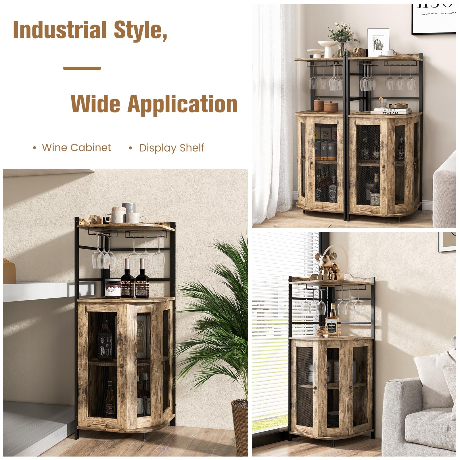 LOKO Corner Wine Bar Cabinet, Industrial Wine Cabinet with Metal Mesh Doors & Adjustable Shelf, Liquor Cabinet with Anti-toppling Device, Rustic Brown, 19 x 19 x 51 Inches (Taupe)
