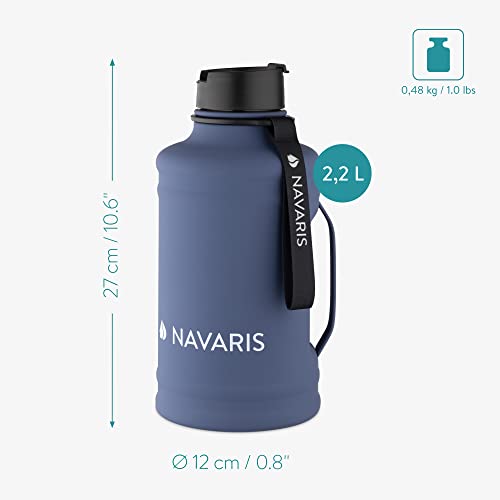 Navaris Half Gallon Water Bottle with Handle - Single-Walled 74 oz (2.2L) Stainless Steel Water Jug - Large Reusable Metal Drinking Bottle for Sports