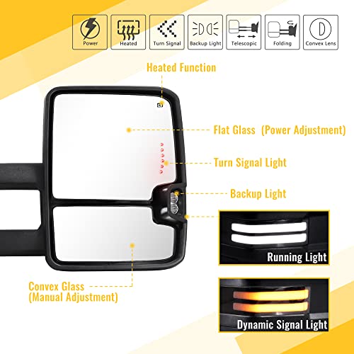 Towing Mirrors Switchback Turn Lights Compatible with 2003-2007 Chevy Silverado GMC Sierra Tow Mirrors with Turn Signal Light Running Lights Power Glass Backup Lamp Heated Pair (Black inside)