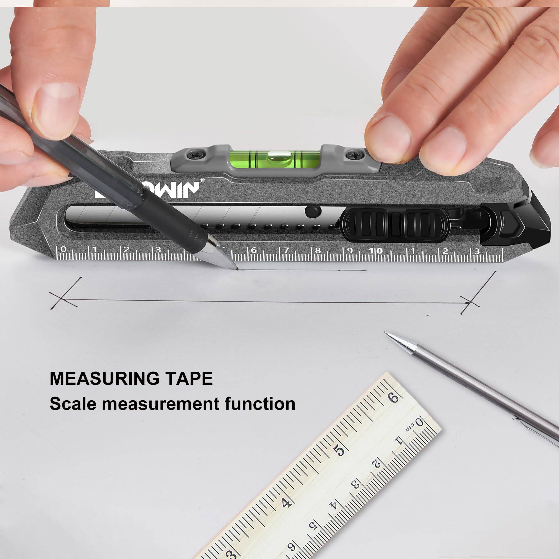 BECOWIN Multipurpose Utility Knife with Level and Ruler, Heavy Duty Metal Retractable Box Cutter Knife, 18MM SK5 Blade, Safety Lock Design for Measuring, Cutting Cartons, Cardboards and Boxes