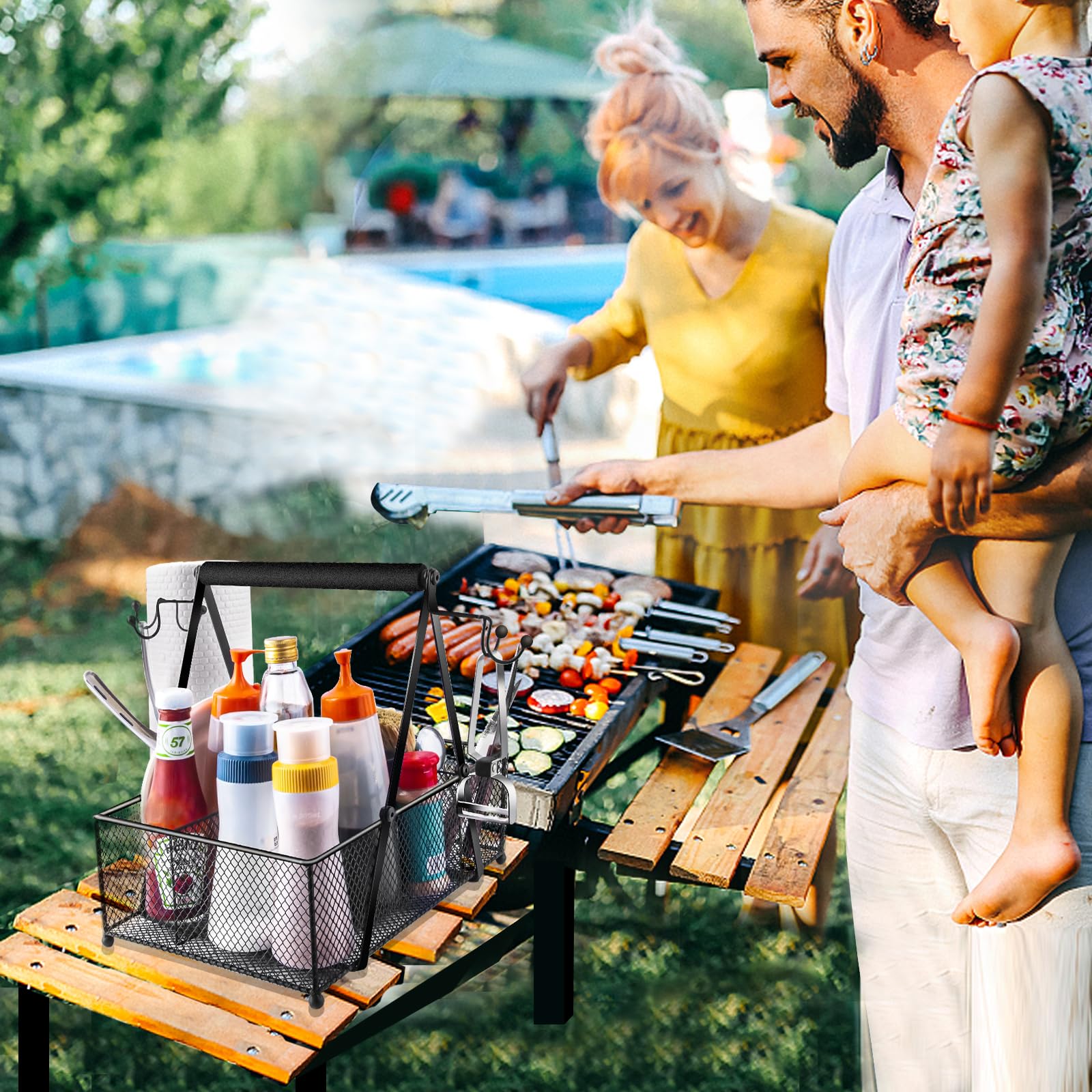 SCNVO Grill Caddy, BBQ Caddy with Paper Towel Holder, Utensil Caddy for Kitchen Organizer, Picnic Condiment Flatware Caddy for Camping Barbecue Griddle Grilling Rv Patio Camper Accessories Organizer