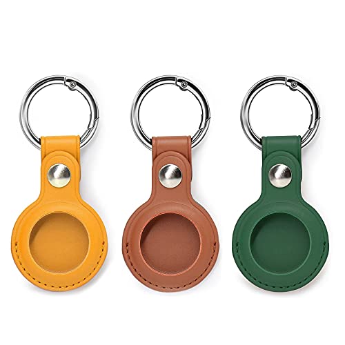 BRRAAVEES Air Tag Keychain for Apple Airtags Holder Anti-Lost PU Leather Case for Apple Airtags Protective Airtag Key Ring Compatible with Pet Tracking (3 Pack Yellow + Green + Brown)