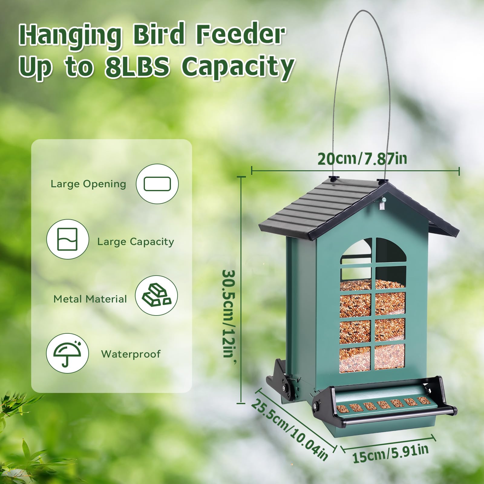 Squirrel Proof Bird Feeder for Outdoors Hanging, Metal Hanging Bird Feeder with Bilateral Weight-Activated Perches, 8LBS Large Capacity Wild Bird Feeder, Squirrel Chewing Proof