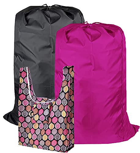 Laundry Bag with Strap, Machine Washable Large Dirty Clothes Organizer, Clothes Storage Easy Fit a Laundry Hamper or Basket, Can Carry Up to 4 Loads of Laundry, Bonus Reusable Tote (Black - Hot Pink)
