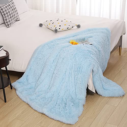 Wellber Super Soft Shaggy Longfur Faux Fur Blanket, Solid Reversible Lightweight Fuzzy Throw Blanket, Washable Warm Furry Throw Blanket for Couch Sofa Chair Home Decor, 50"x60" Ice Blue