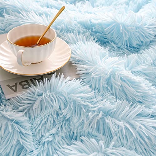 Wellber Super Soft Shaggy Longfur Faux Fur Blanket, Solid Reversible Lightweight Fuzzy Throw Blanket, Washable Warm Furry Throw Blanket for Couch Sofa Chair Home Decor, 50"x60" Ice Blue