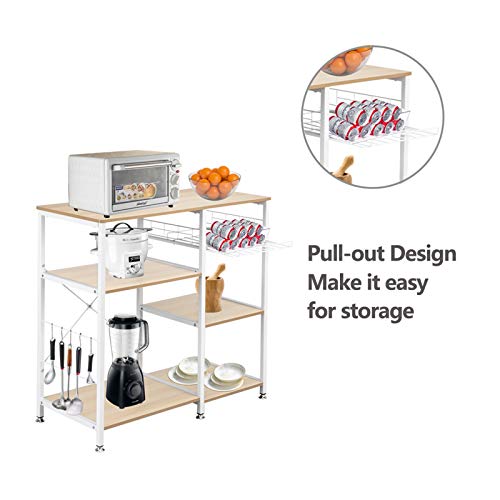Baker's Rack 3 Tier Utility Storage Shelves with 5 Hooks Standing Storage Rack Floor Spice Rack Storage Shelf Organizer and Shelving Heavy Duty for Kitchens Microwave Living Room Bedroom (White)