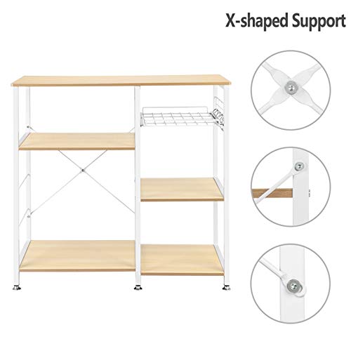 Baker's Rack 3 Tier Utility Storage Shelves with 5 Hooks Standing Storage Rack Floor Spice Rack Storage Shelf Organizer and Shelving Heavy Duty for Kitchens Microwave Living Room Bedroom (White)