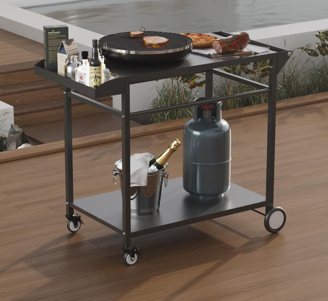 Koutemie Outdoor Grill Cart Table with 4 Wheels for Blackstone 17" or 22", Movable BBQ Food Prep Table Top, Double-Shelf Metal Pizza Oven Worktable with Spice Tray for Patio, Backyard, Black