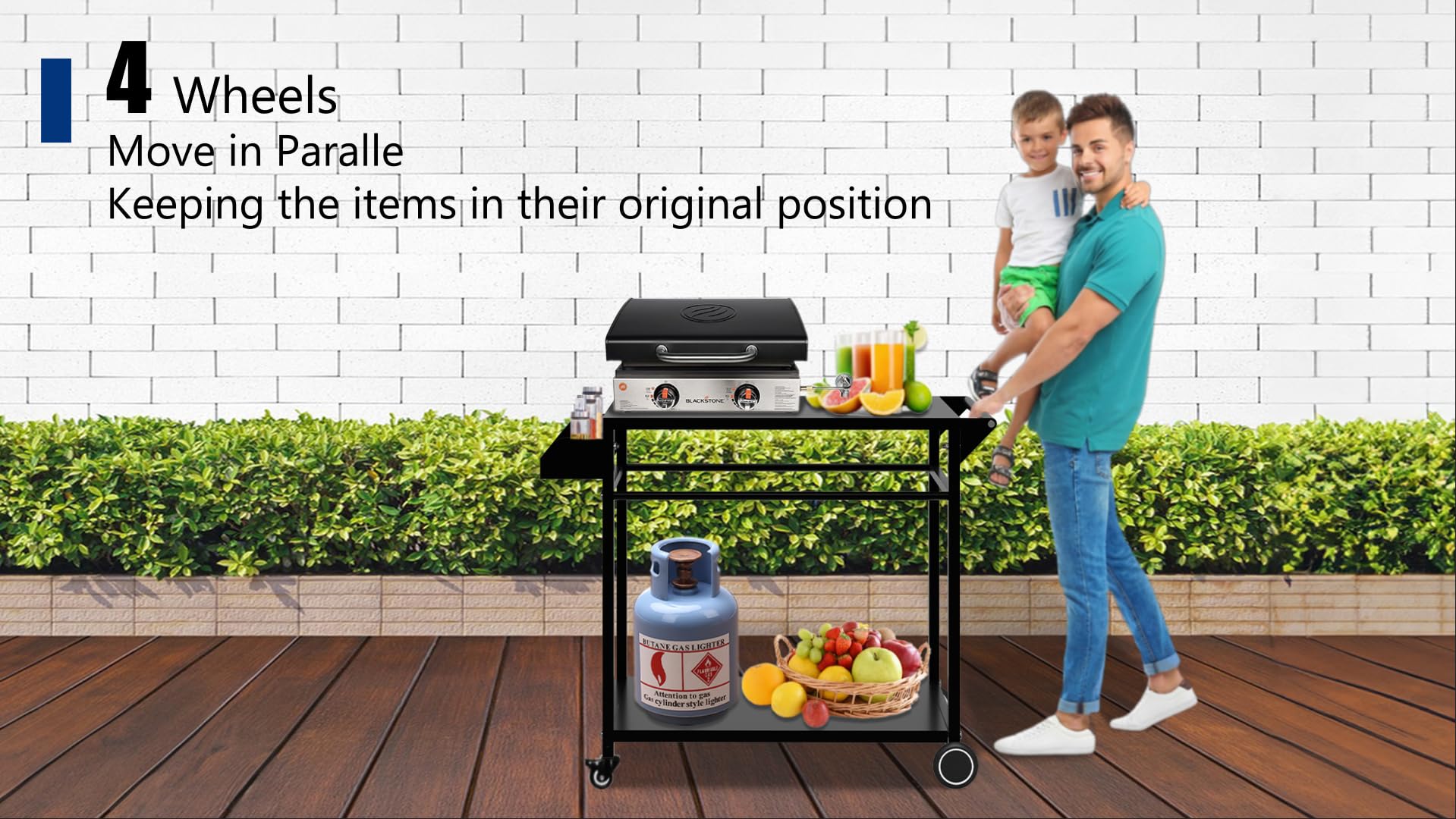Koutemie Outdoor Grill Cart Table with 4 Wheels for Blackstone 17" or 22", Movable BBQ Food Prep Table Top, Double-Shelf Metal Pizza Oven Worktable with Spice Tray for Patio, Backyard, Black